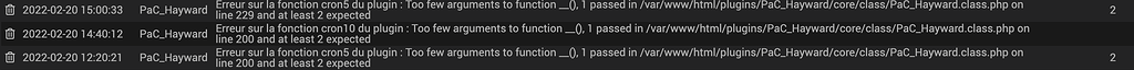 Erreur sur la fonction cron5 et 10 du plugin : Too few arguments to ...