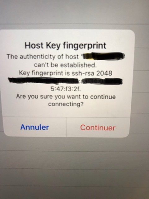 Message host key fingerprint lors de 1er connection ssh sur ipad ... Message host key fingerprint lors de 1er connection ssh sur ipad ...