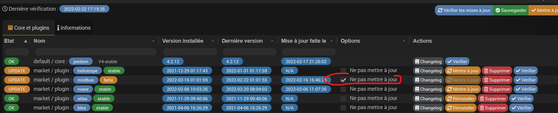 Option : Ne pas mettre à jour Plugin non fonctionnel - Utilisation du core de Jeedom ...